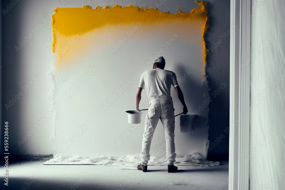 Lustiger Maler streicht eine weiße Wand bunt mit color splash ...