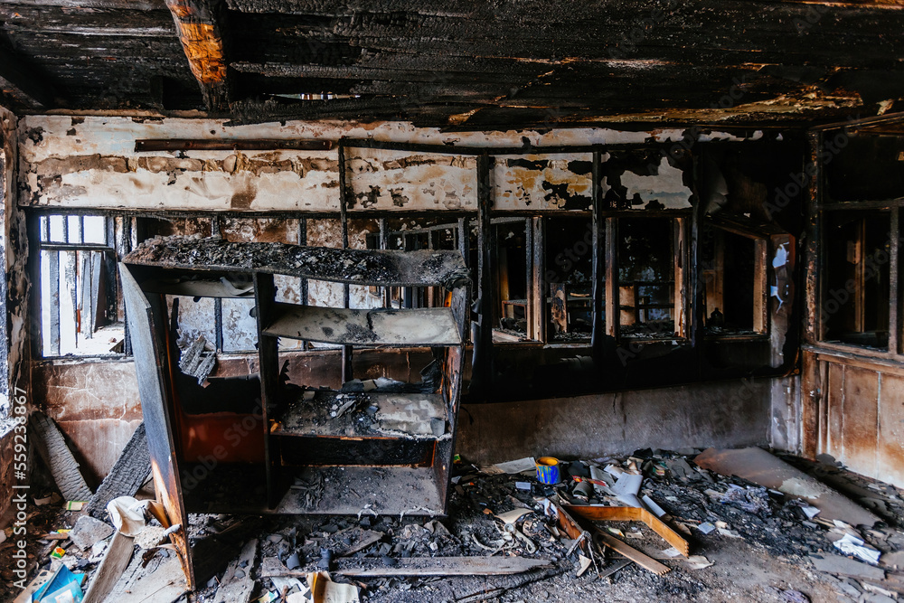 Photo & Art Print Burned interiors of hospital. Fire or war ...