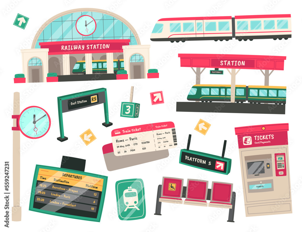 Railway stations flat icons set. Building and platforms for trains stop ...
