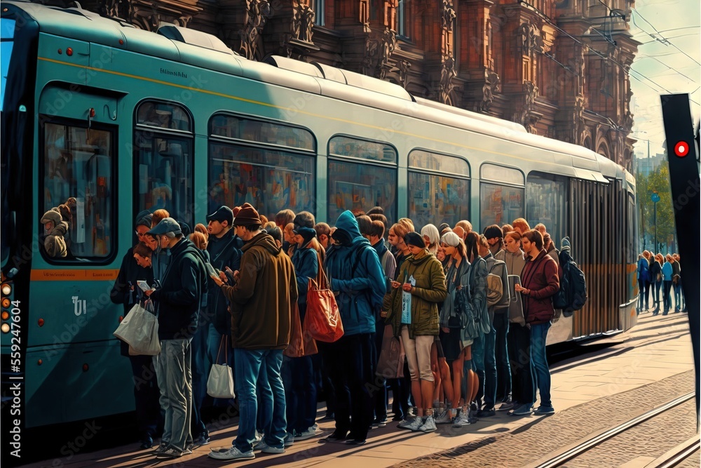 a group of people standing on a train platform next to a train with a ...