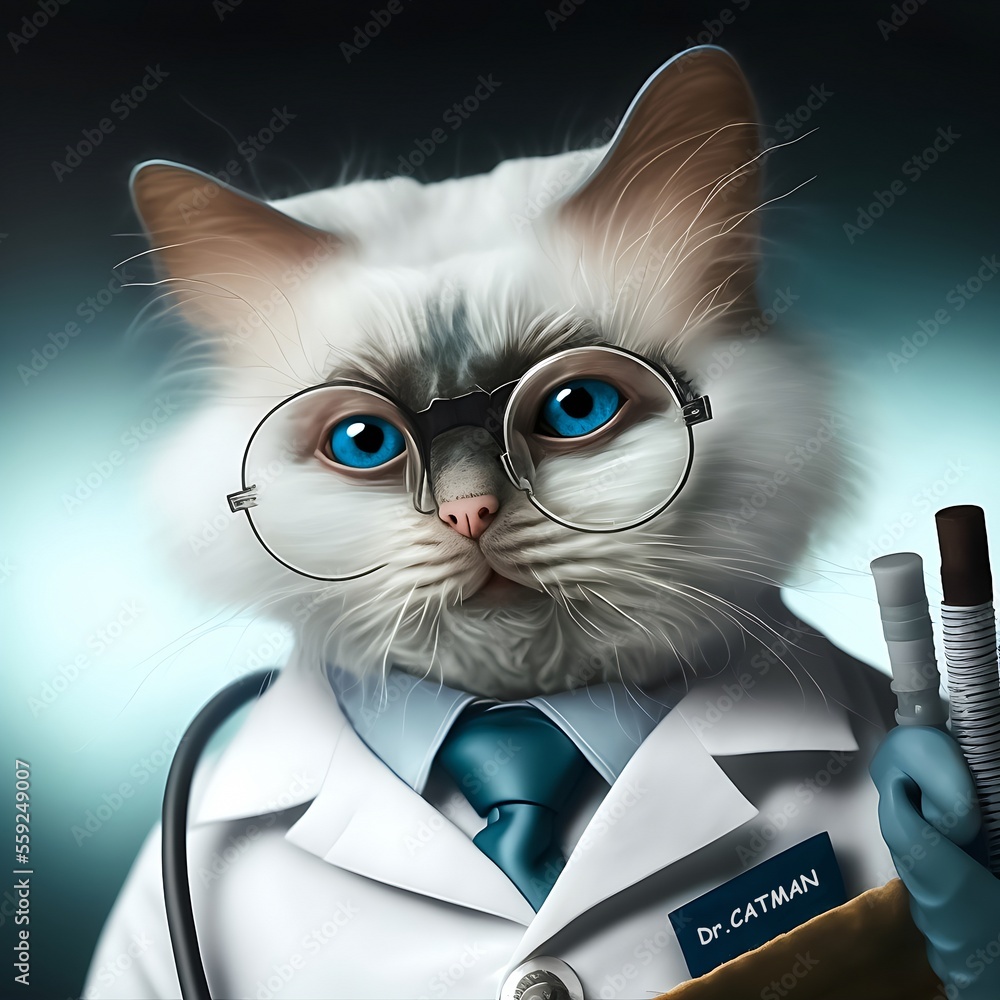 Professional image portrait of a smart lookin doctor cat in a white ...