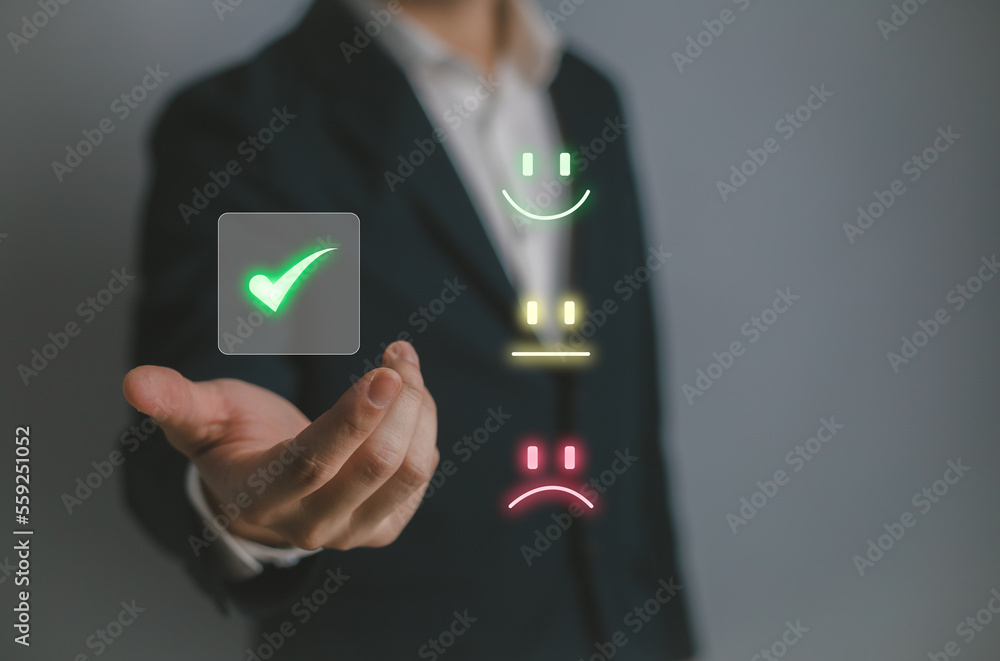 Customer service evaluation concept. smiling Asian female Is using a ...