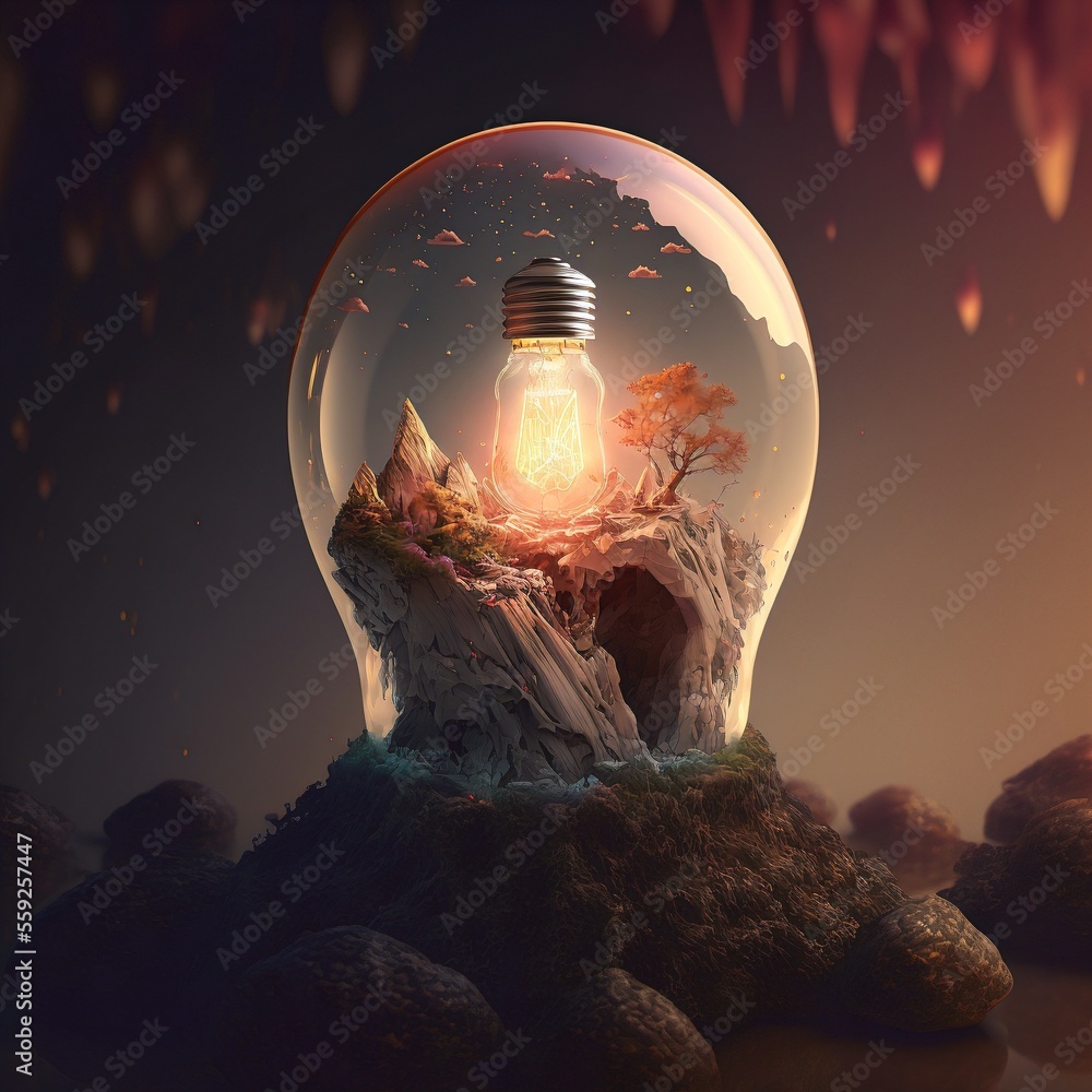 A small world trapped in a light bulb. A landscape inside a light bulb ...
