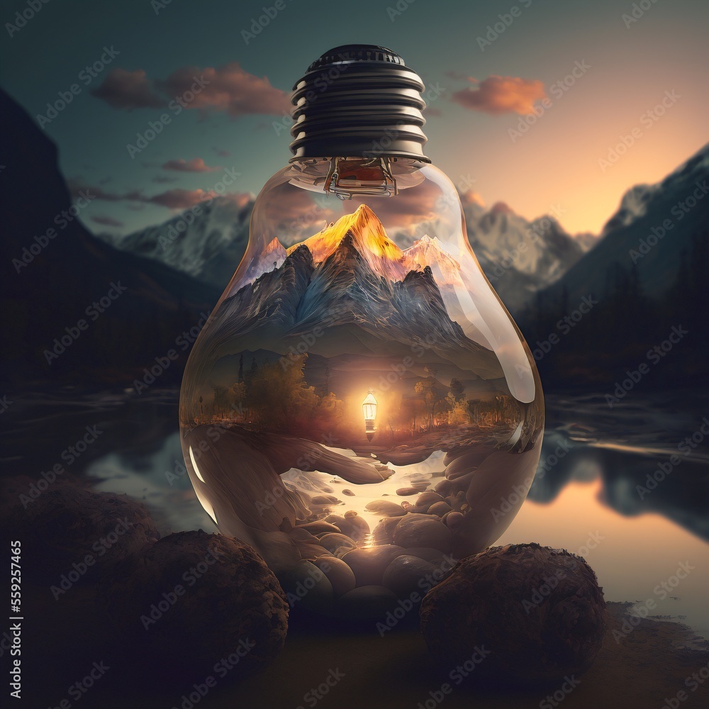 A small world trapped in a light bulb. A landscape inside a light bulb ...