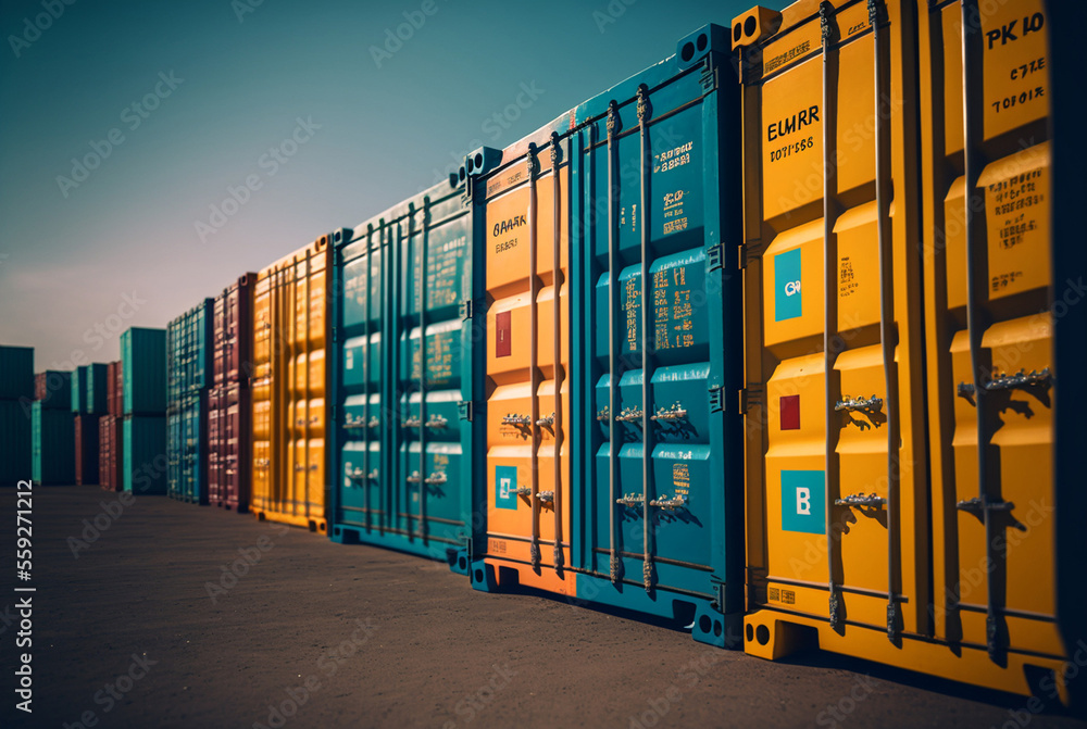 Shipping containers side by side and stacked with fictitious symbols ...