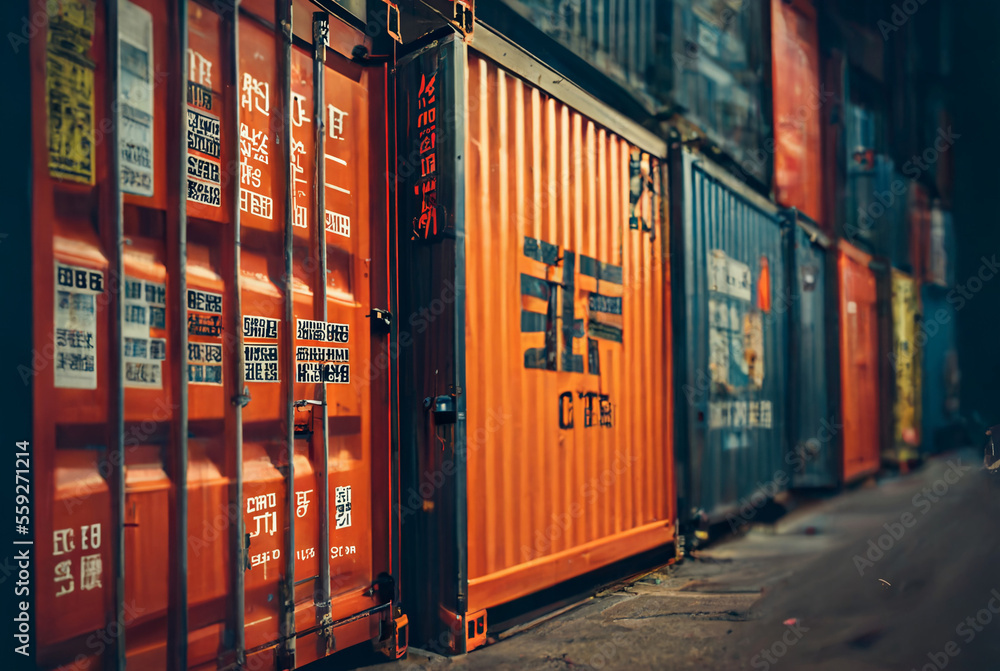 Shipping containers side by side and stacked with fictitious symbols ...