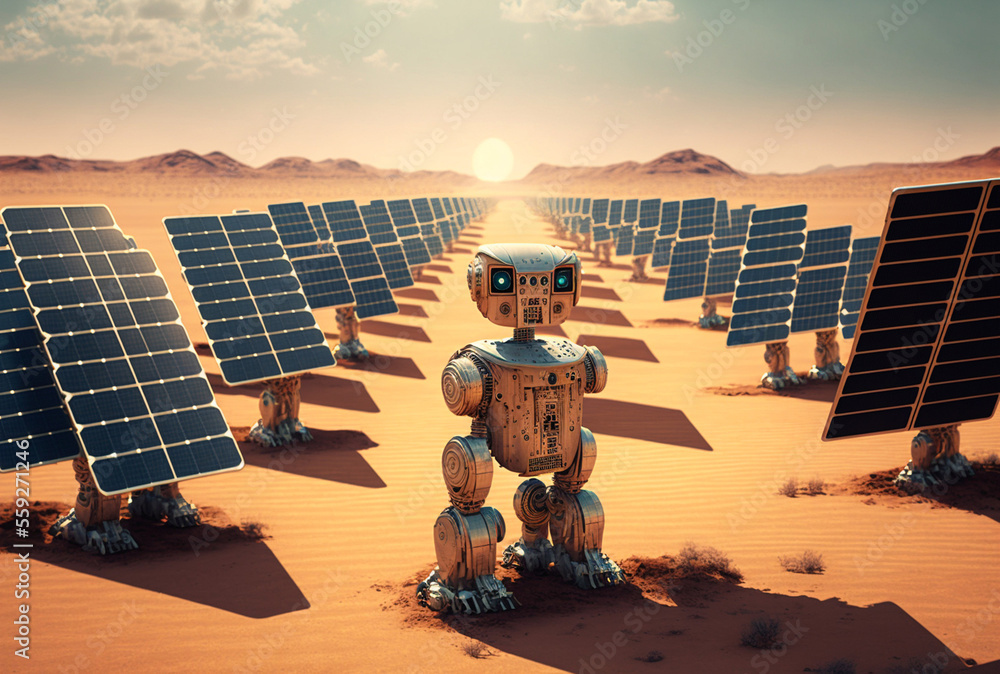Solar cells in the desert with a maintenance robot with artificial ...