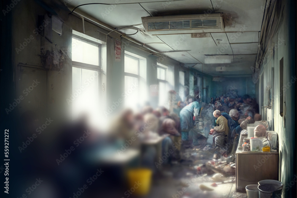 an old and run down hospital, a hallway of a hospital with a lot of ...