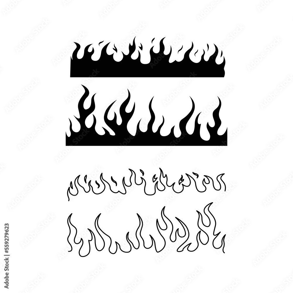 fire flames vector set illustration, with silhouette style and line art ...