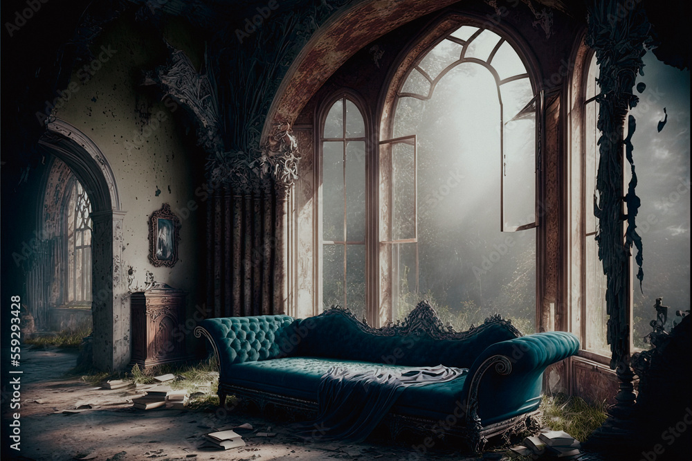 old castle room with a beautiful blue velvet chesterfield couch under a ...