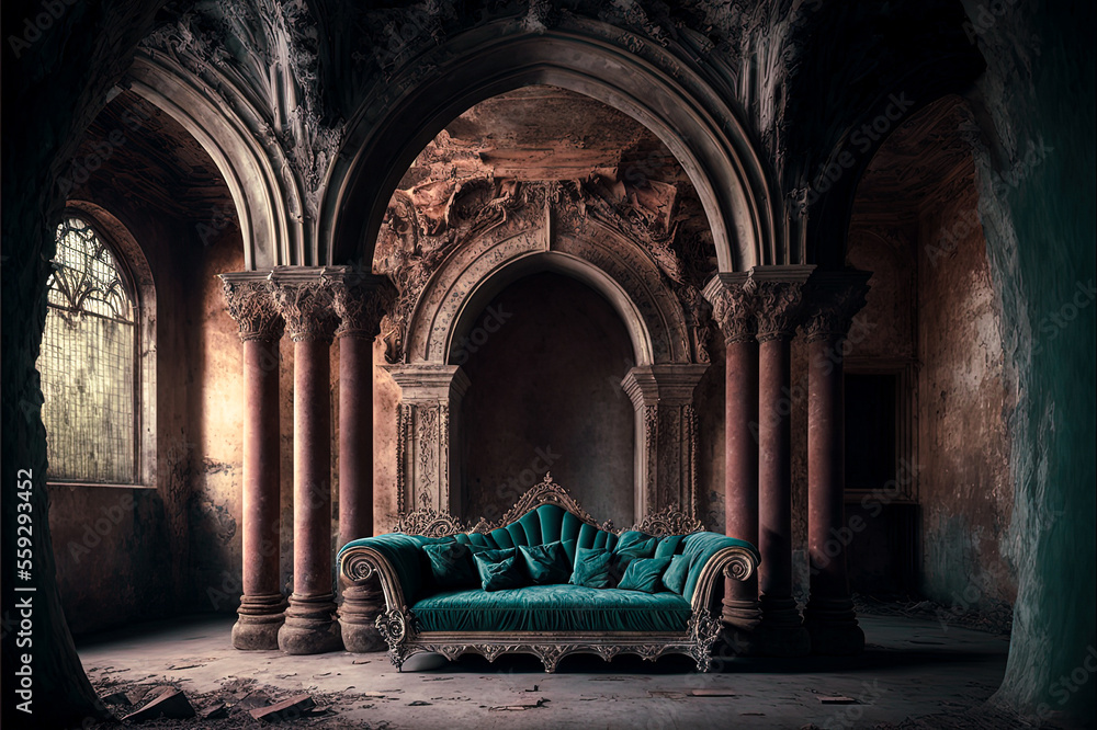 Old derelict castle room with a beautiful blue velvet chesterfield ...