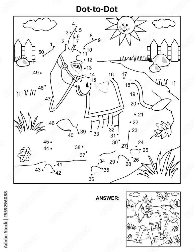 Donkey dot-to-dot hidden picture puzzle and coloring page. Answer ...