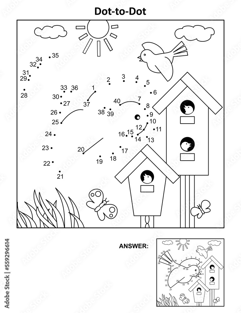 Springtime bird dot-to-dot hidden picture puzzle and coloring page with ...