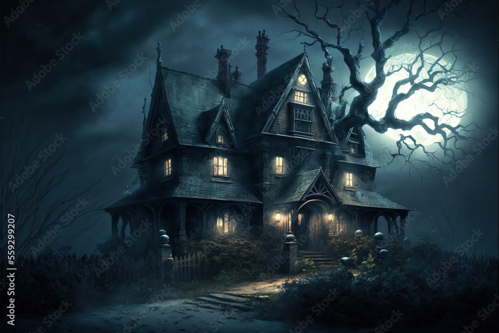 Creepy Haunted House at Night, Halloween Background, Concept Art ...
