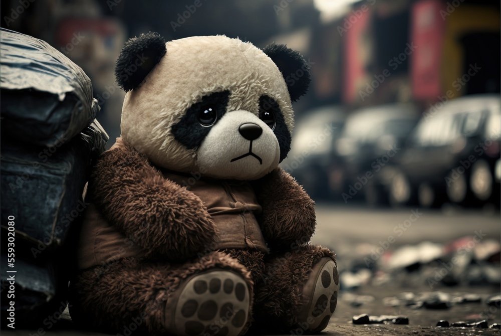 Homeless panda teddy bear in dirty city slums alone and emotionally sad ...