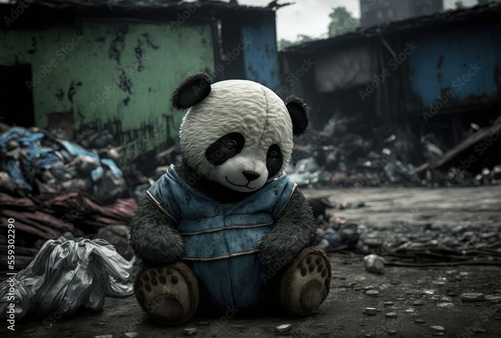 Homeless panda teddy bear in dirty city slums alone and emotionally sad ...