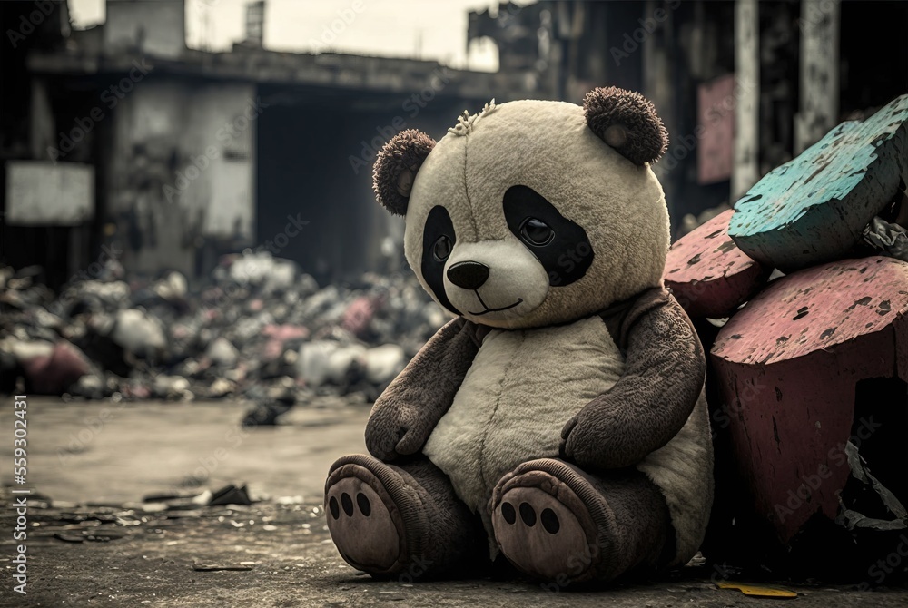 Homeless panda teddy bear in dirty city slums alone and emotionally sad ...