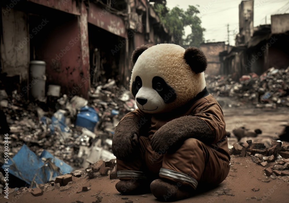 Homeless panda teddy bear in dirty city slums alone and emotionally sad ...