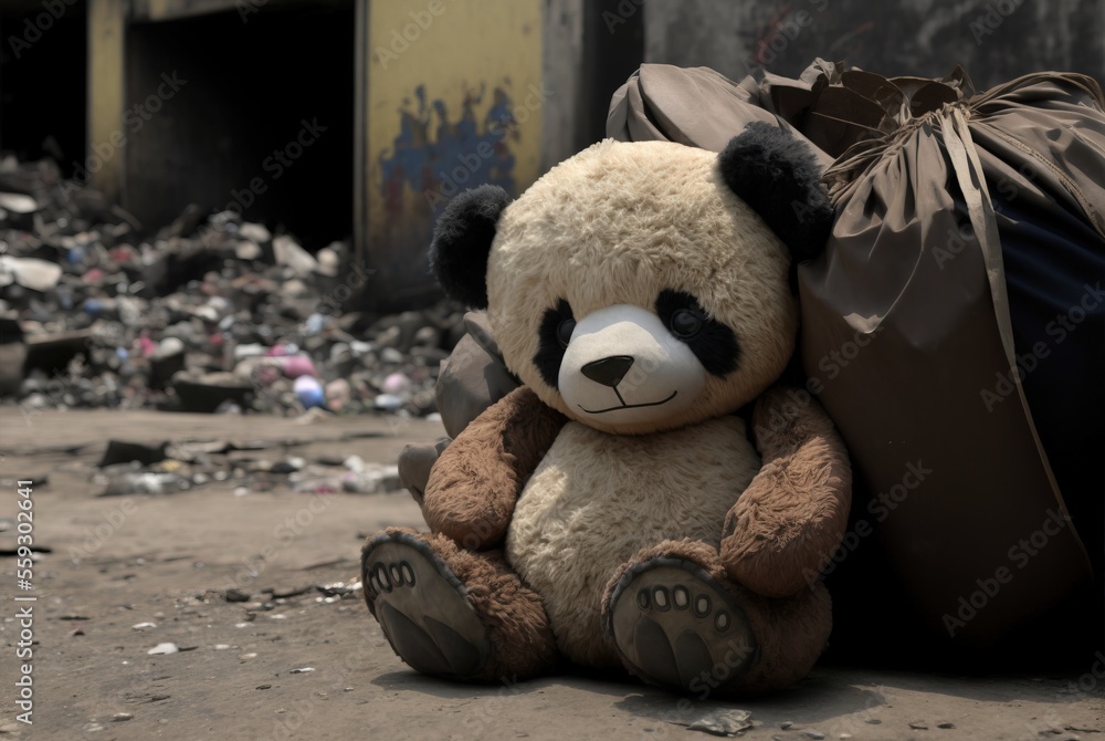 Stockillustratie Homeless panda teddy bear in dirty city slums alone ...