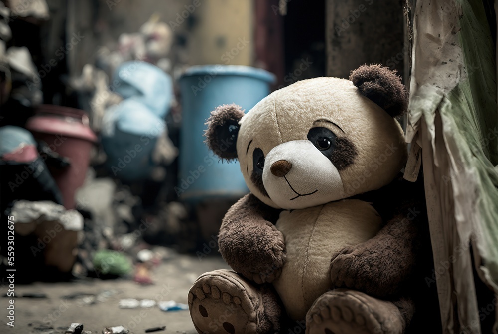 Homeless panda teddy bear in dirty city slums alone and emotionally sad ...