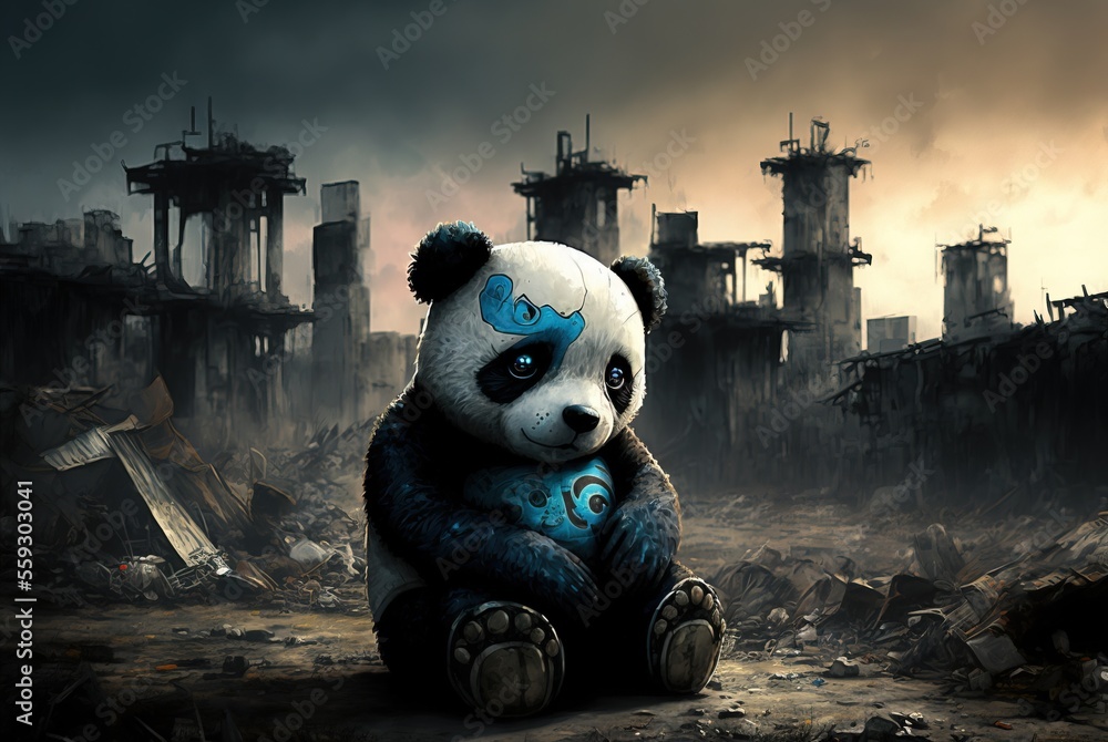 Homeless panda teddy bear in dirty city slums alone and emotionally sad ...