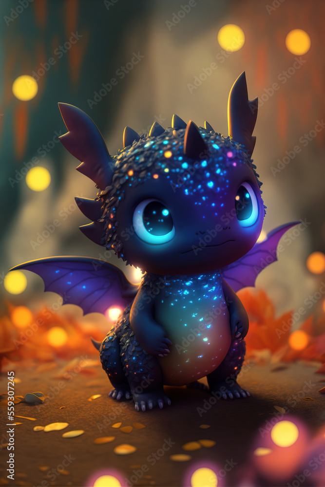 Purple magical baby dragon with small wings and anime eyes, Generative ...
