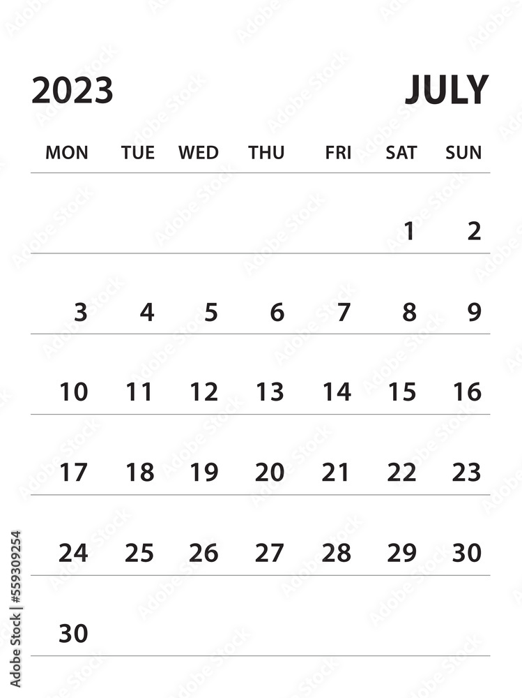 July 2023-Calendar 2023 template vector on white background, week start ...