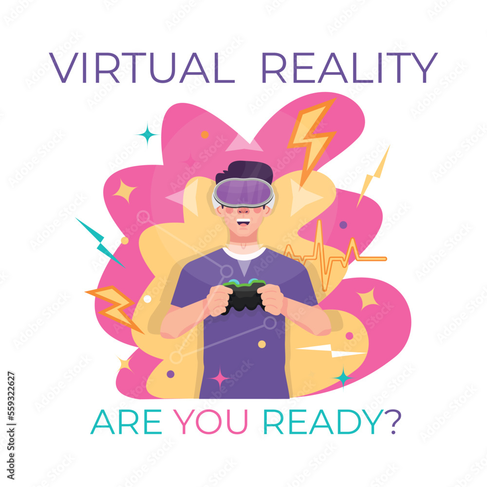 Vector illustration shows a man playing a virtual reality game with a ...