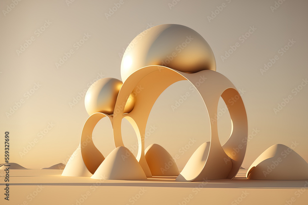 Abstract, architectural building with soaring golden balls and arches ...