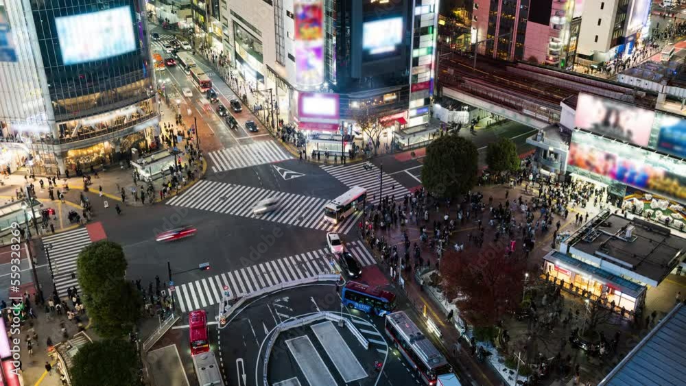 Night time lapse of car traffic transportation, crowded people walk ...