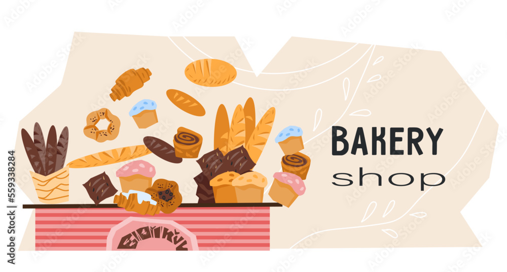 Bakery shop or bakehouse flyer or banner template with various bread ...