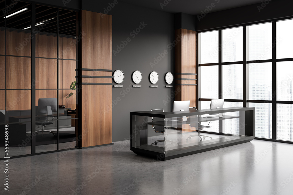 Corner view on dark office room interior with reception, desktops Stock ...