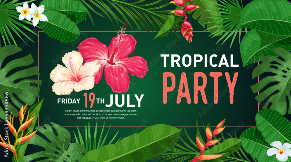 Tropical banner design template. Dark green theme with coral frame and ...