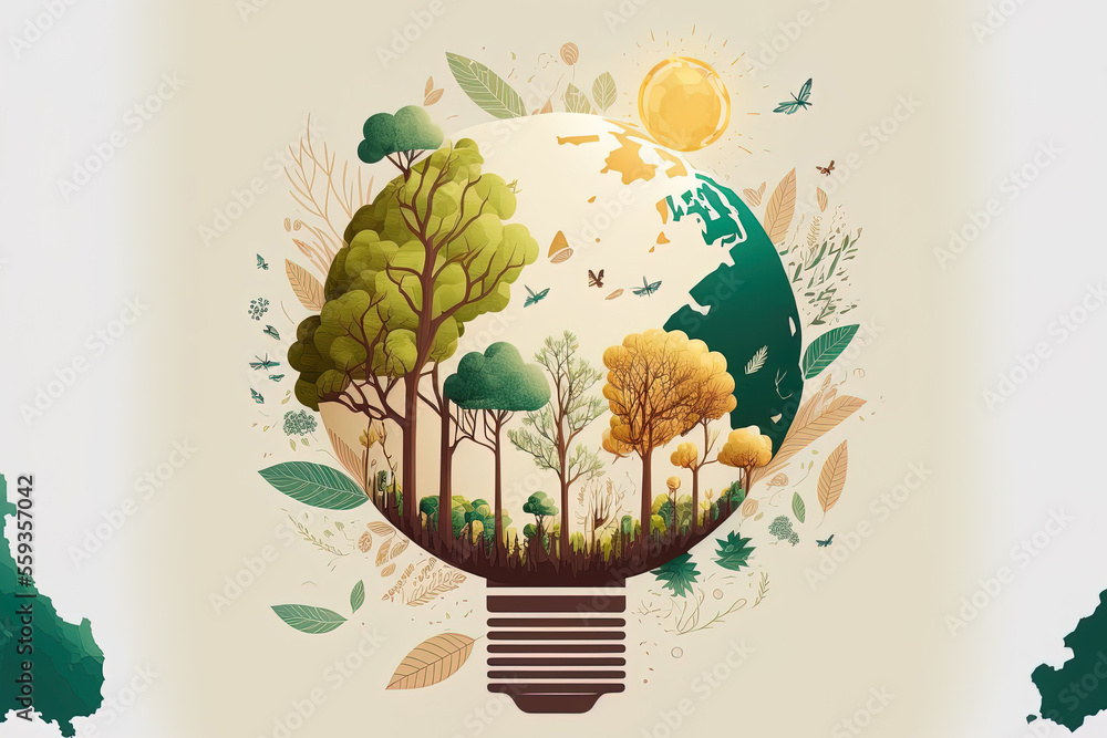 Tree and earth globe on light bulb with windmill design for World ...