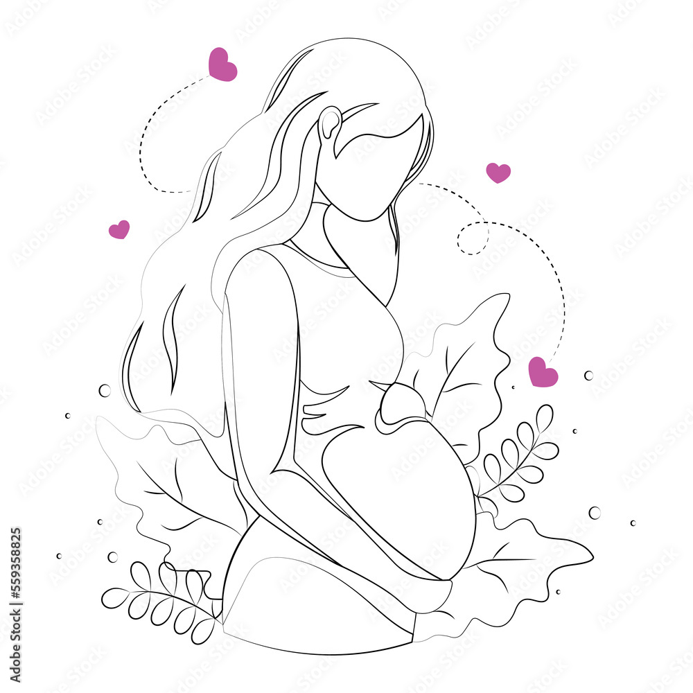 Pregnant girl in graphic style, with pink hearts around. Vector drawing ...