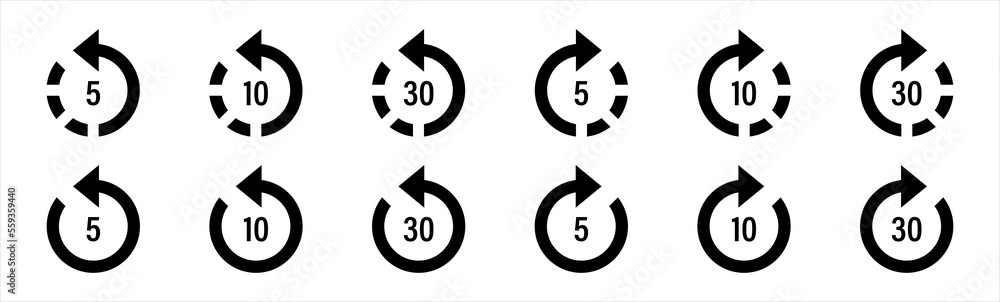 Rewind and fast forward icons with circle arrows and 5, 10, 30 second ...