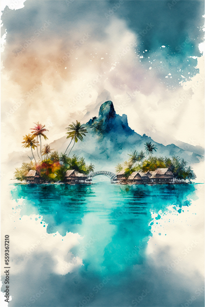 Watercolor painting of a tropical Tahiti island in French Polynesia ...