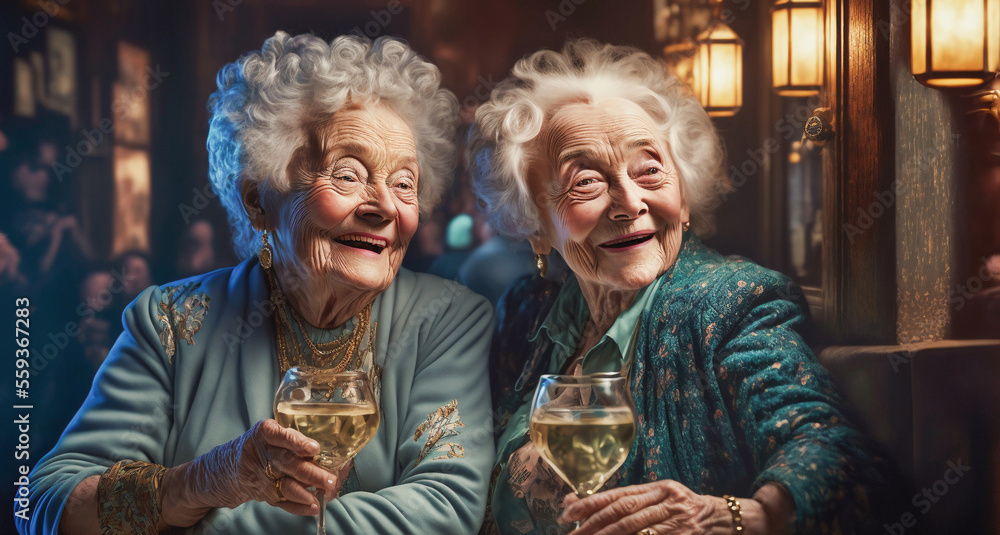 Two little old ladies laughing together in a bar drinking wine ...