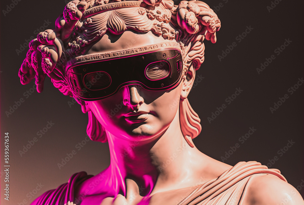 Statue of a Greek goddess entering the Metaverse with VR goggles ...