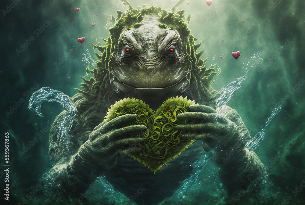 Green sea monster holding a romantic heart shape for Valentine's Day ...