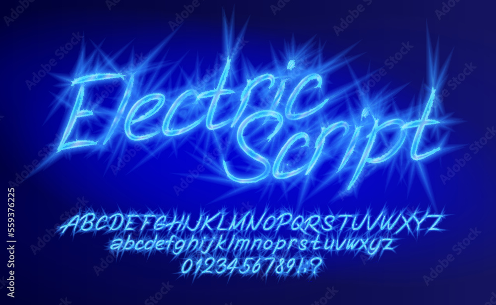 Electric Script alphabet font. Bright letters and numbers. Uppercase ...