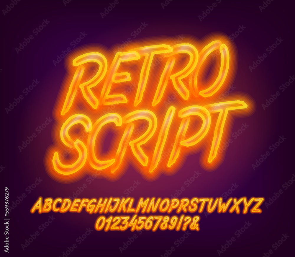 Retro Script alphabet font. Bright neon letters and numbers. Stock ...