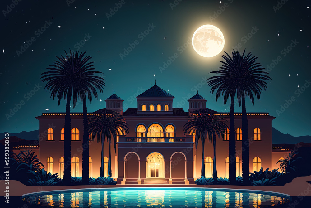 upscale spa hotel featuring a nighttime pool. Drawing of a resort's ...