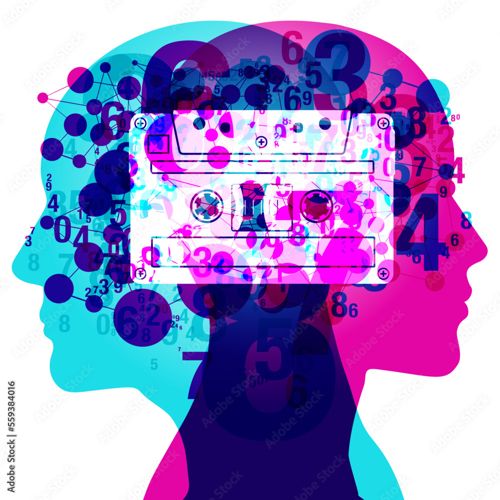 A 2-person side back-to-back silhouette, overlaid with various semi ...