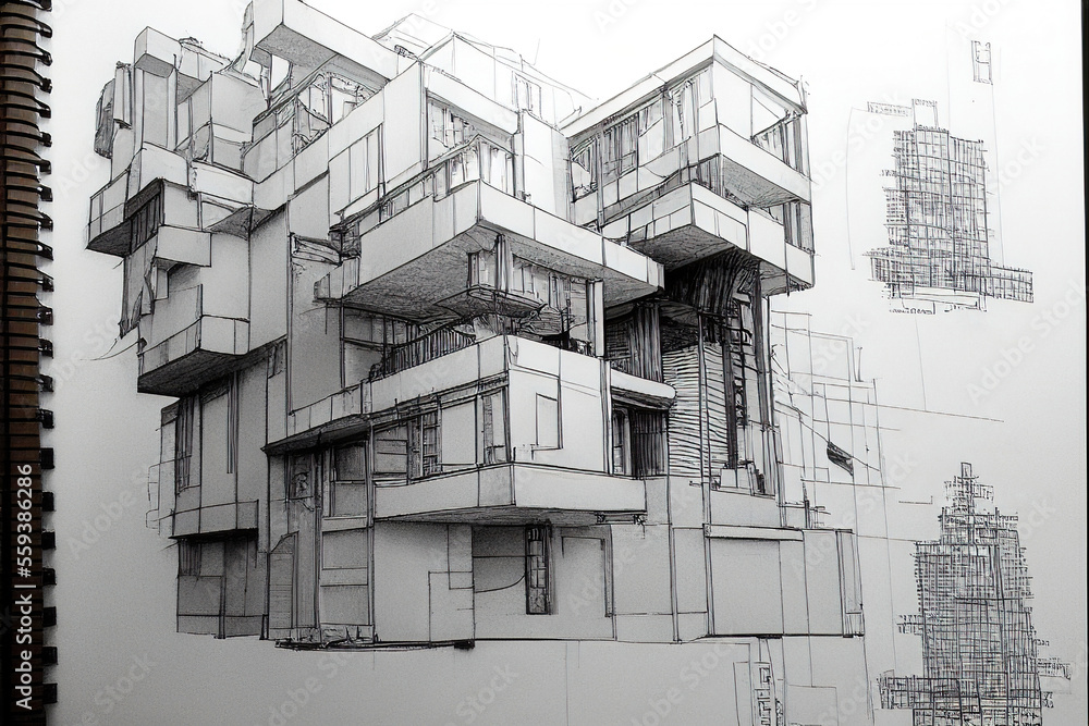 Abstract fictional architectural drawings and sketches made with ...