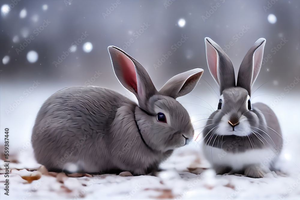 Two сute rabbit winter in the snow, snowdrifts, fluffy snow. Falling ...