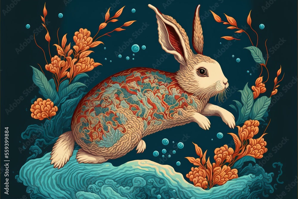 traditional illustration of a water rabbit for the chinese new year ...