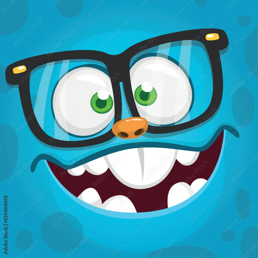 Funny cartoon monster character face expression wearing eyeglasses ...