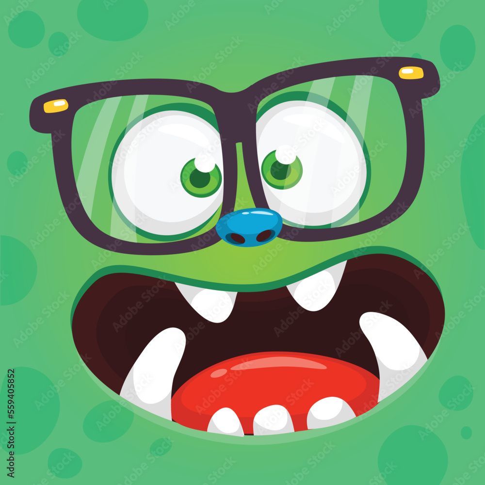 Funny cartoon monster character face expression wearing eyeglasses ...