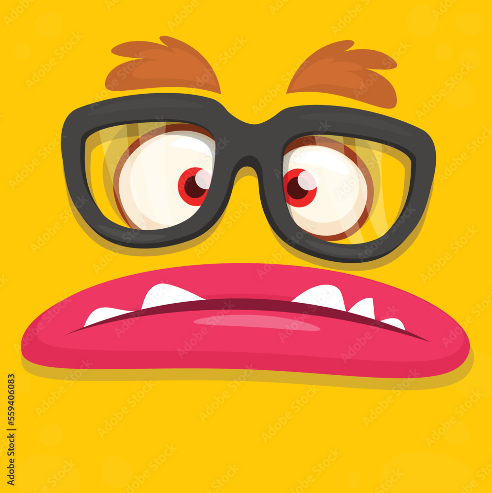 Funny cartoon monster character face expression wearing eyeglasses ...